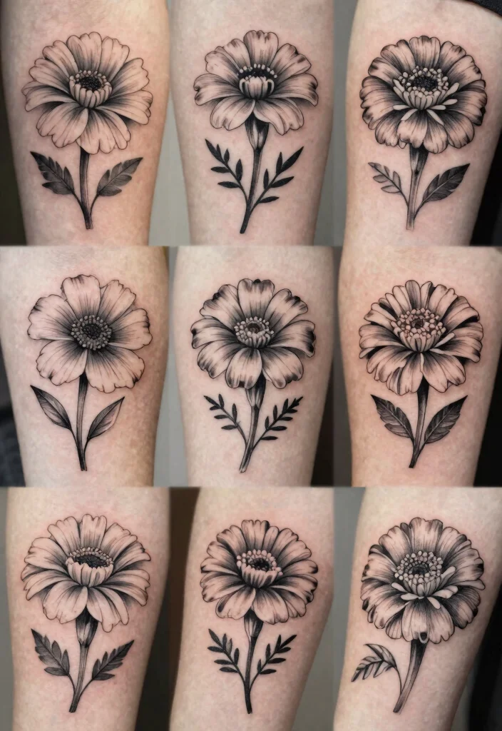 12 Black and White Marigold Flower Tattoo Ideas Elegant - Shadow Line ...
